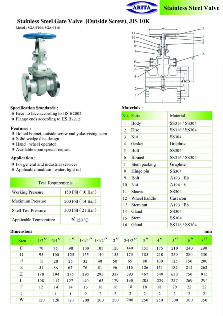 Gate Valve Arita Body SS304 Flange JIS10K